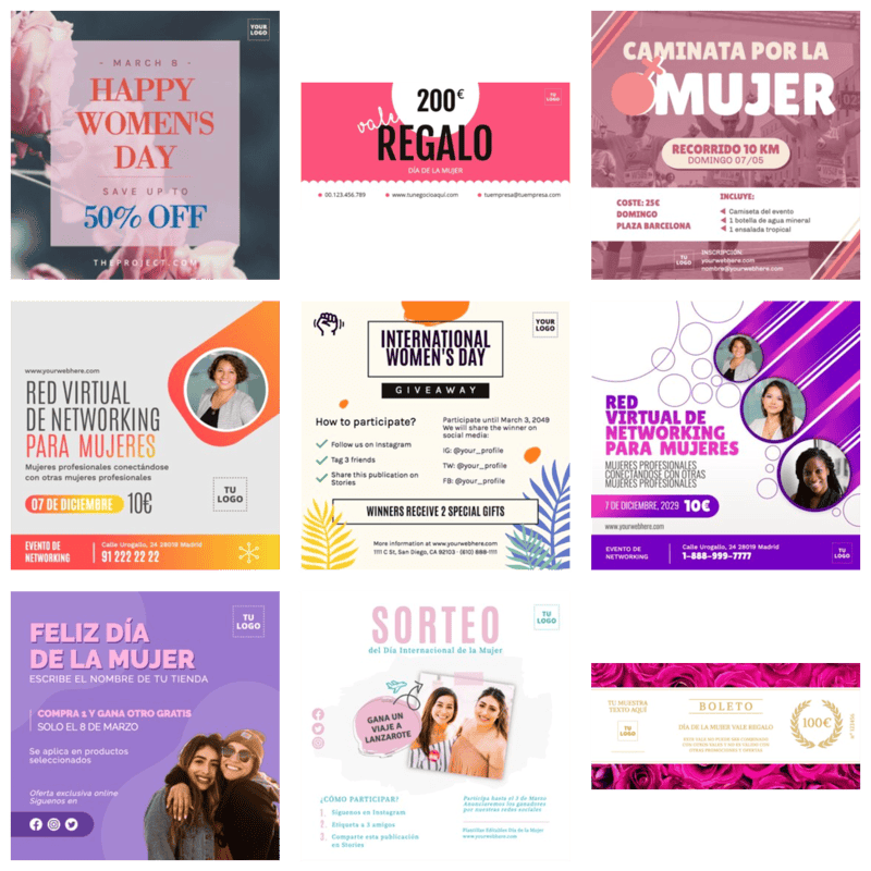 Diseños del Día de la Mujer con plantillas editables