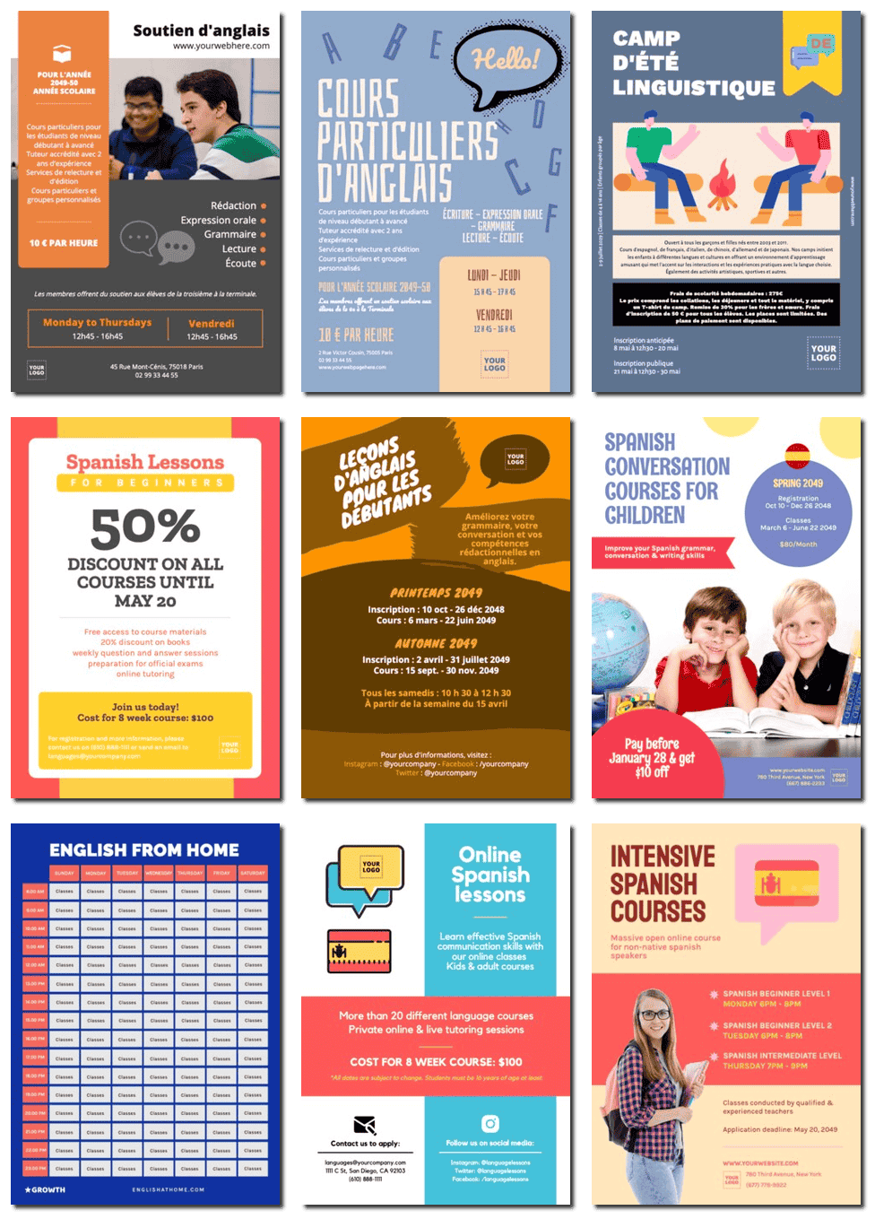 Designs pour annonces de cours de langues