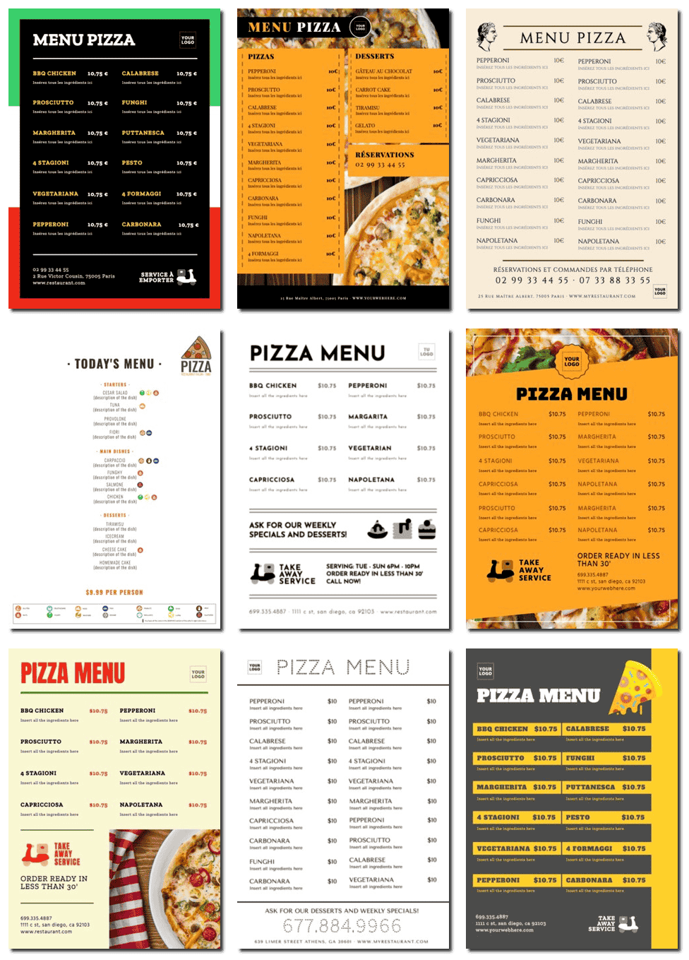Modèles de menus de pizza personnalisables en ligne