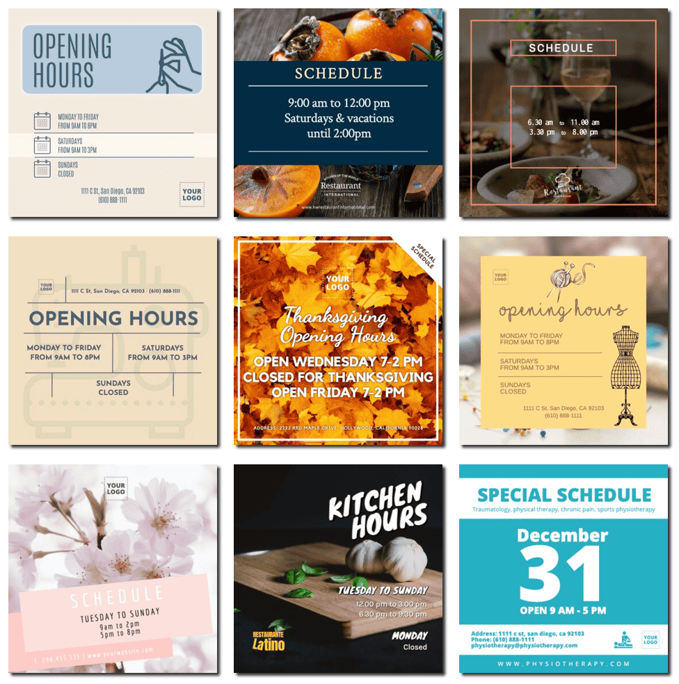 Opening hours templates online