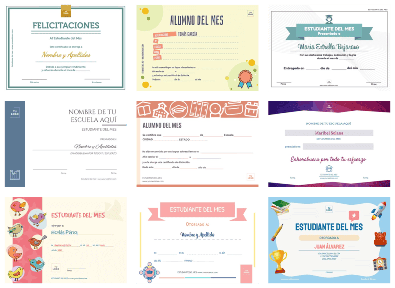 Certificados de Estudiante del Mes editables online