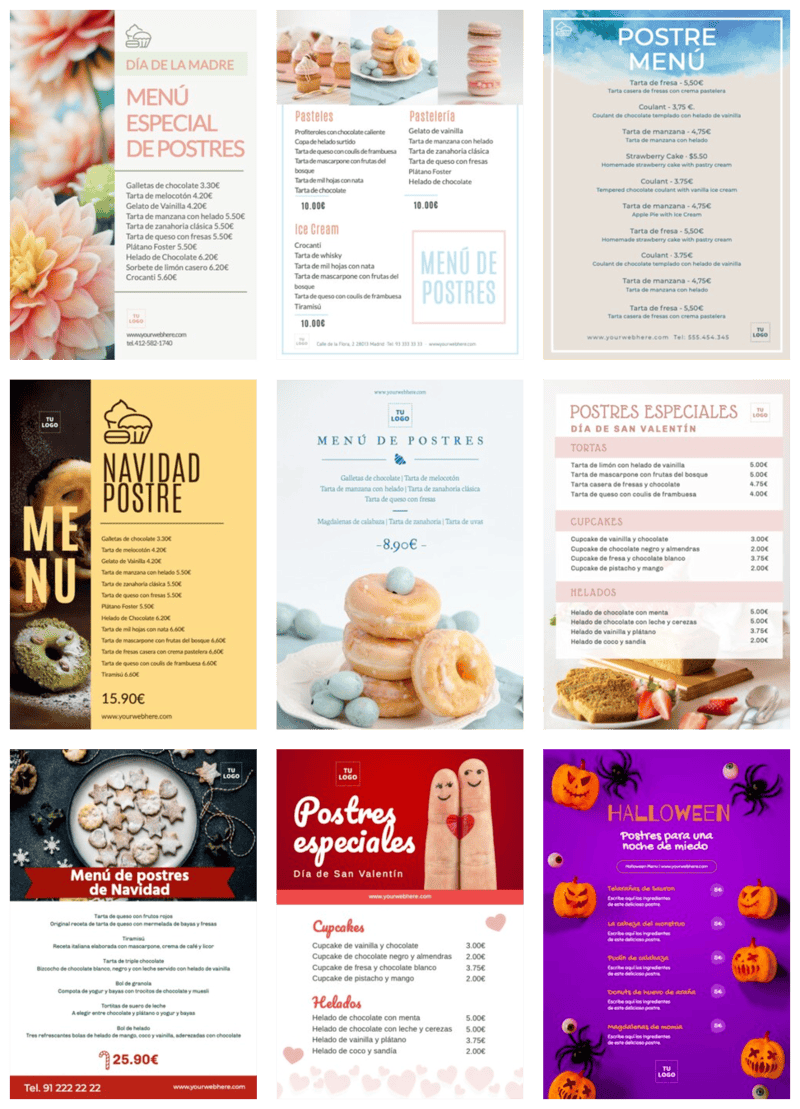 Plantillas de carta de postres para editar online