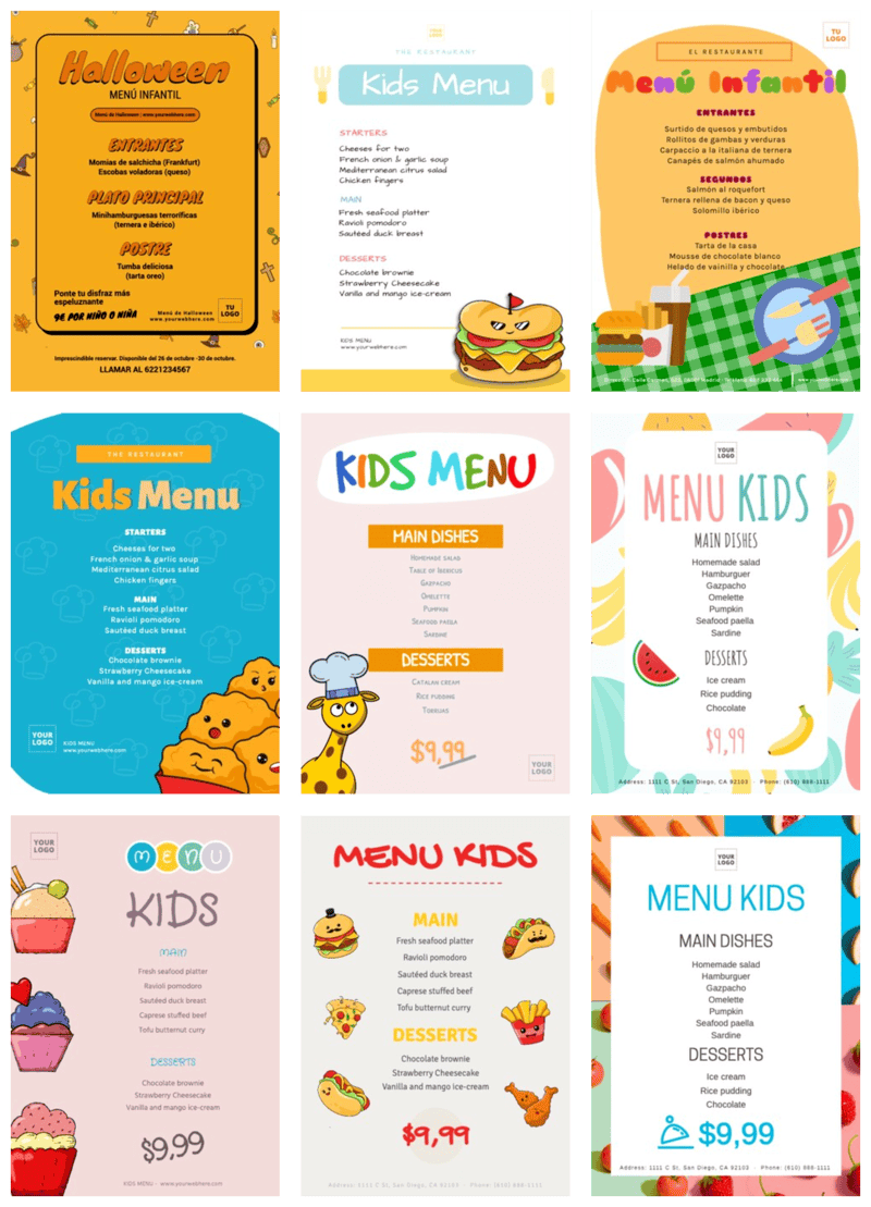 Plantillas de menú infantil para restaurantes