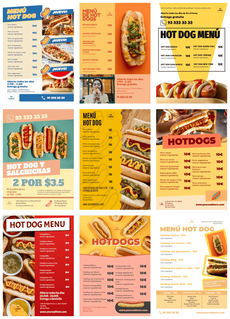 Crea un menú de Hot Dogs para restaurantes gratis