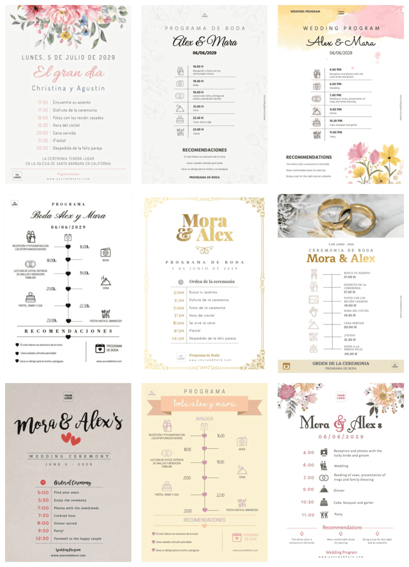 Plantillas de programa de boda editables gratis
