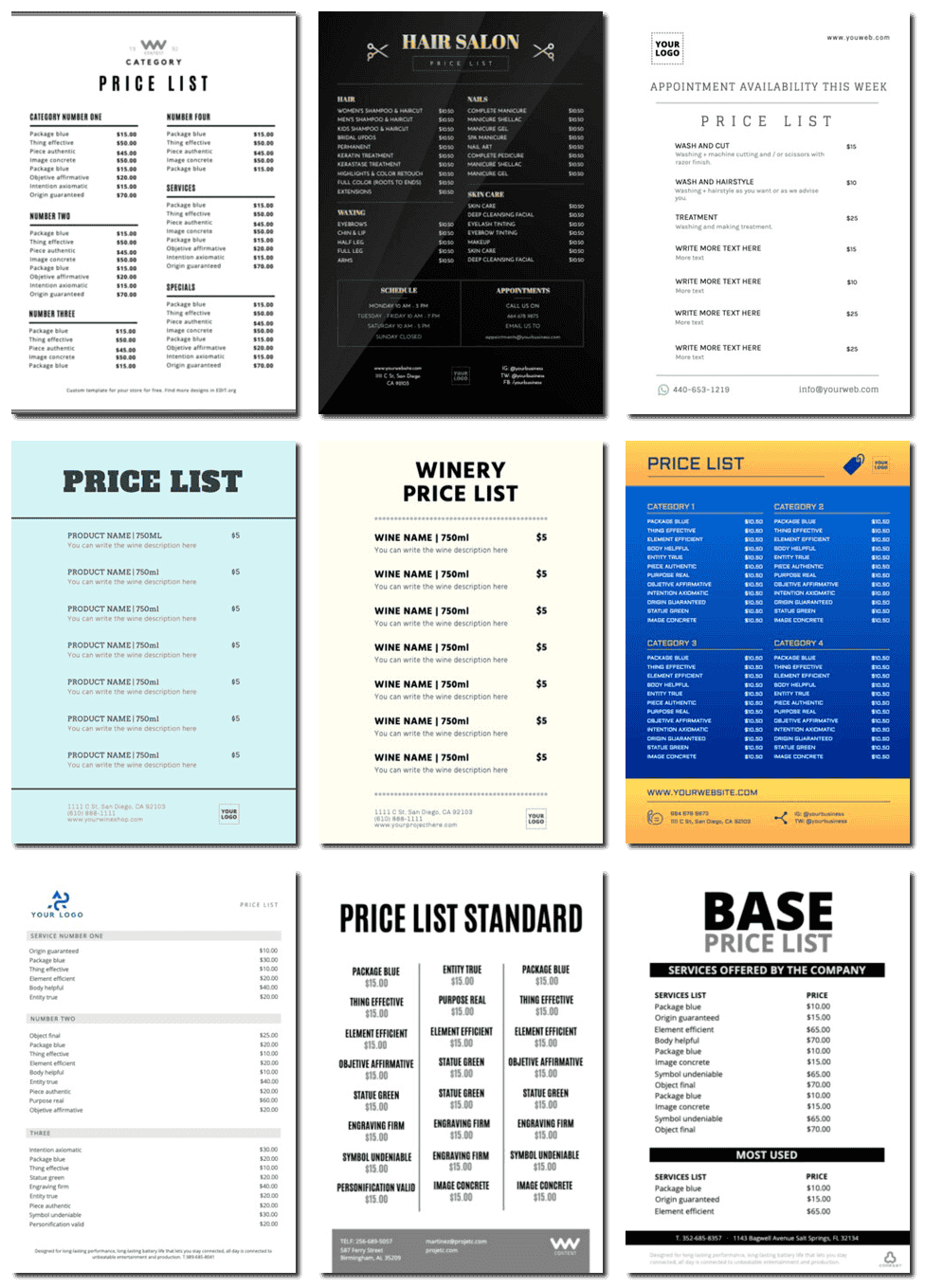 Price List Templates Price List Templates