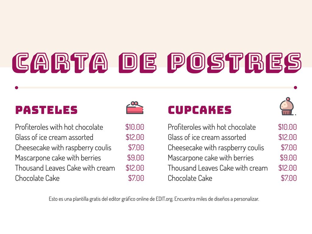 Plantillas de carta de postres para editar online